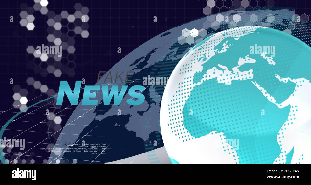 Image of globe with fake news text and data processing on black ...