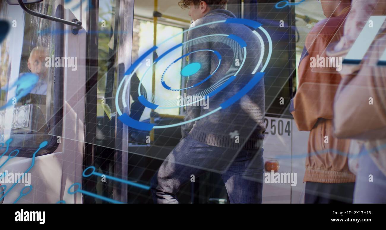 Image of scope scanning and data processing over diverse people in bus ...