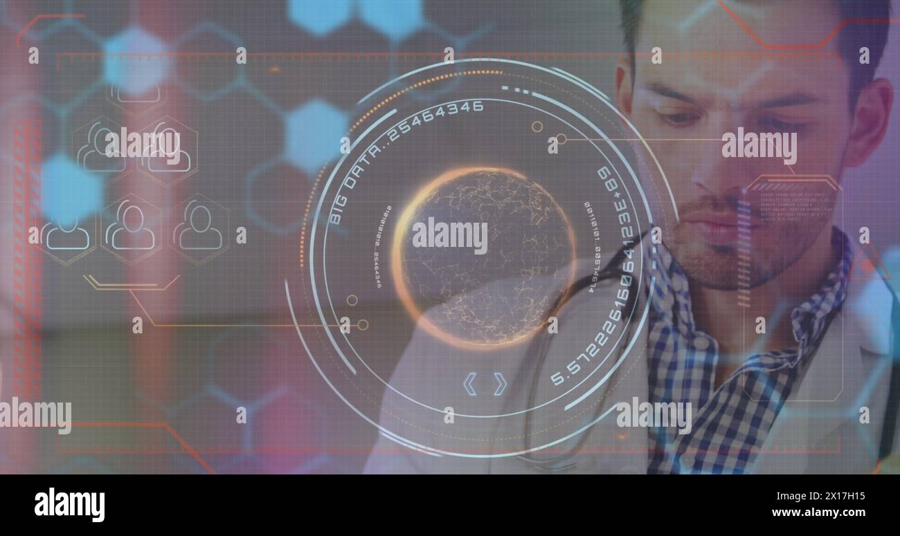 Image of scope scanning, icons and data processing over caucasian male ...