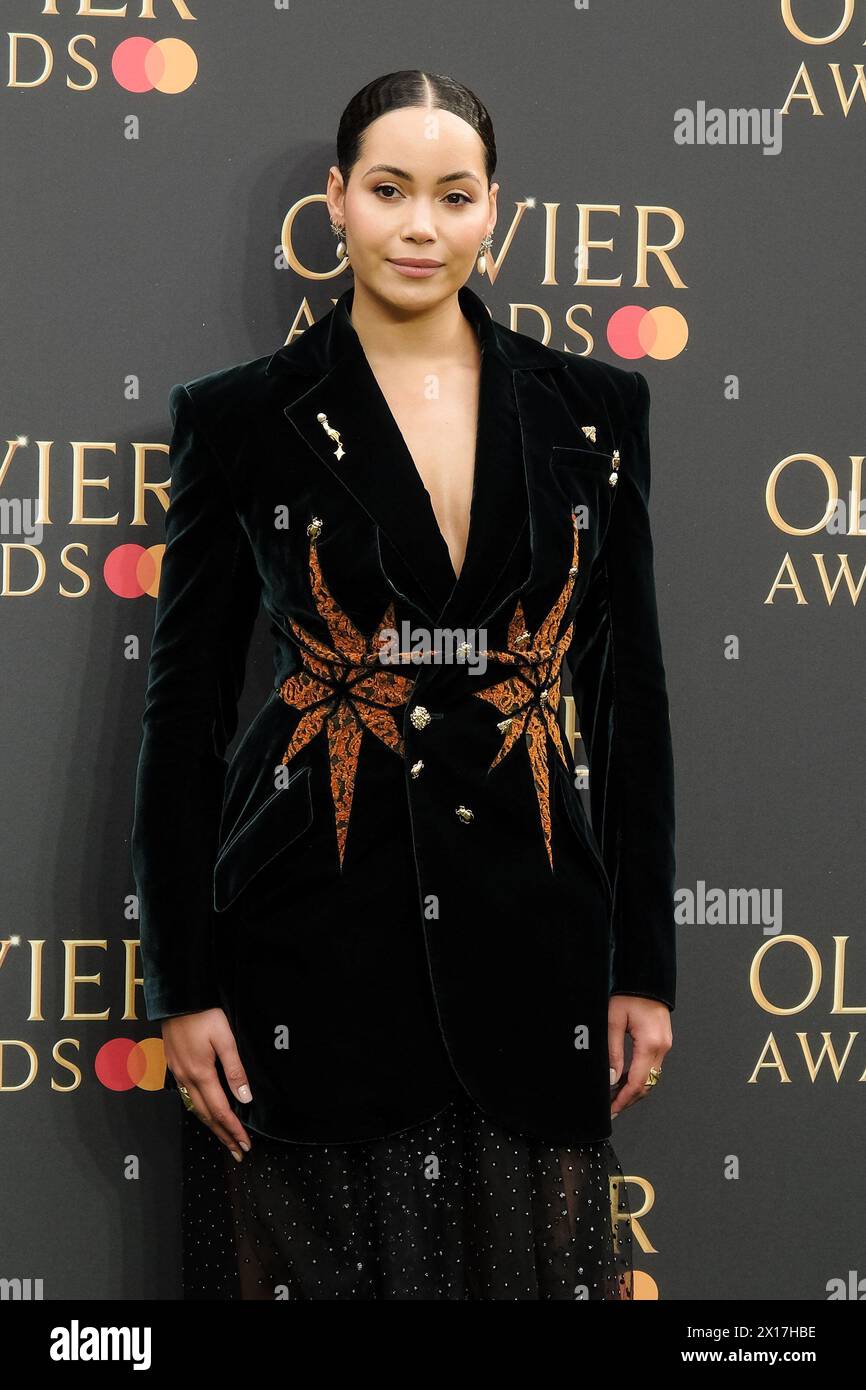 Madeleine Mantock photographed arriving at the Olivier Awards 2024 with ...