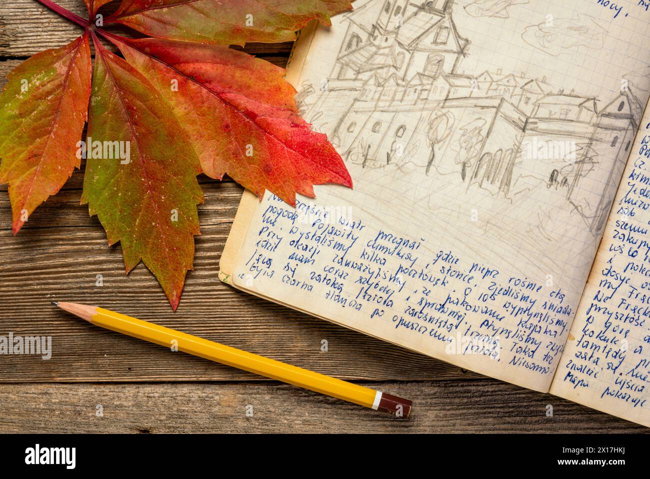 Vintage expedition journal on a rustic picnic table with a colorful ...