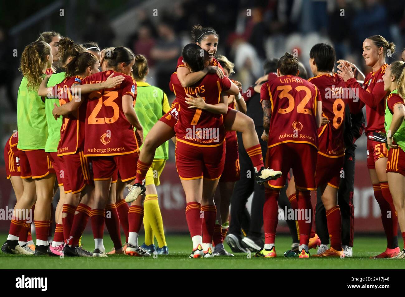 Rome, Italy. 15th Apr, 2024. AS Roma players celebrate at the end of ...