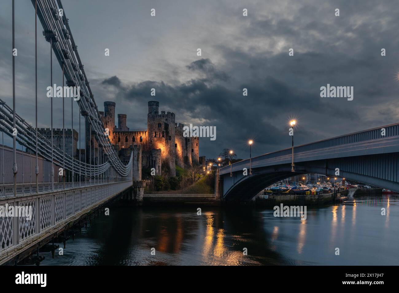 Conway Castle (Castell Conwy) and the suspension bridge designed by ...