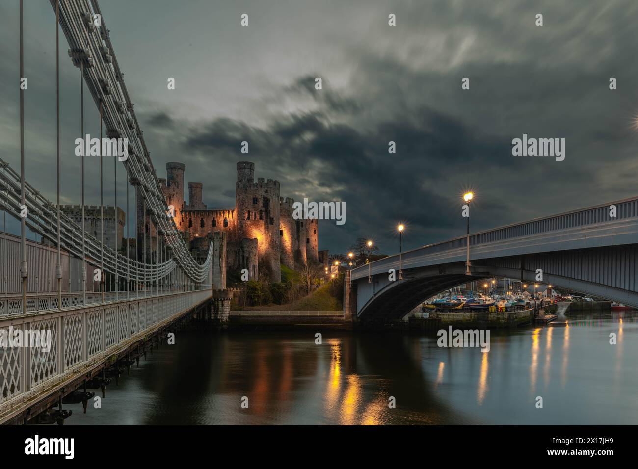 Conway Castle (Castell Conwy) and the suspension bridge designed by ...