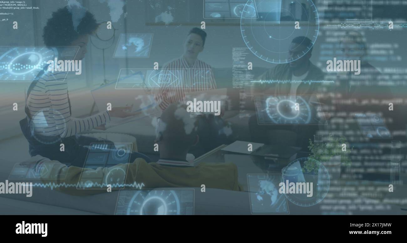 Image of data processing over diverse business people having meeting at ...
