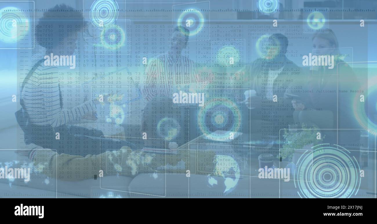 Image of data processing over diverse business people having meeting at ...