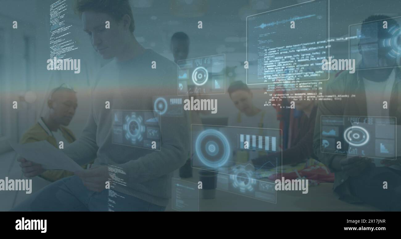 Image of data processing over diverse business people having meeting at ...