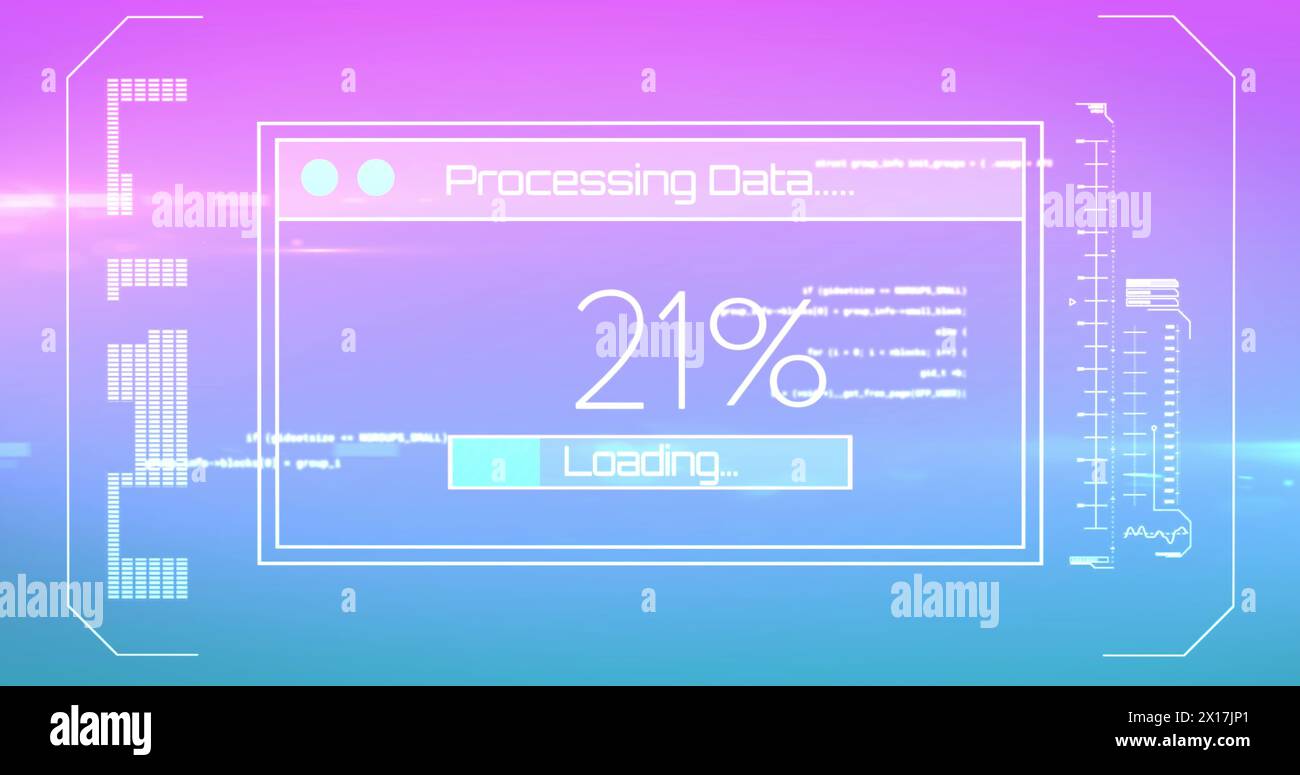 Image of interface with data processing against light spot on purple gradient background Stock ...