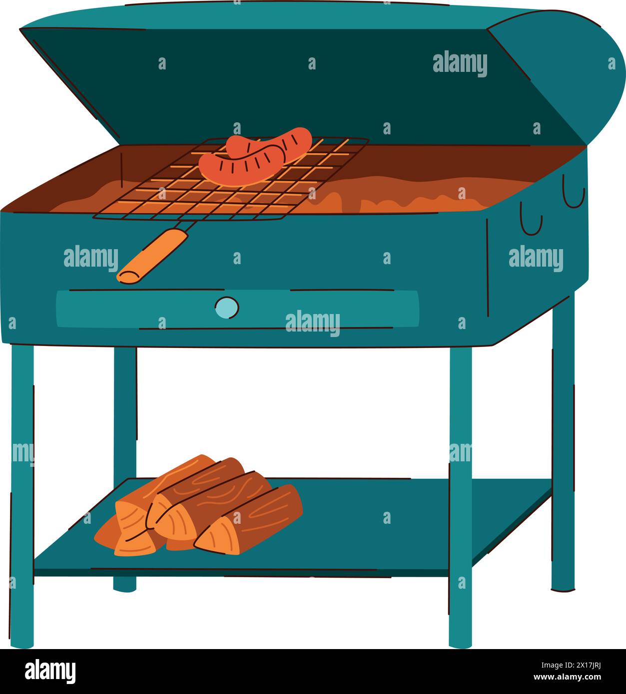 cartoon illustration of a garden grill with firewood and roasting ...