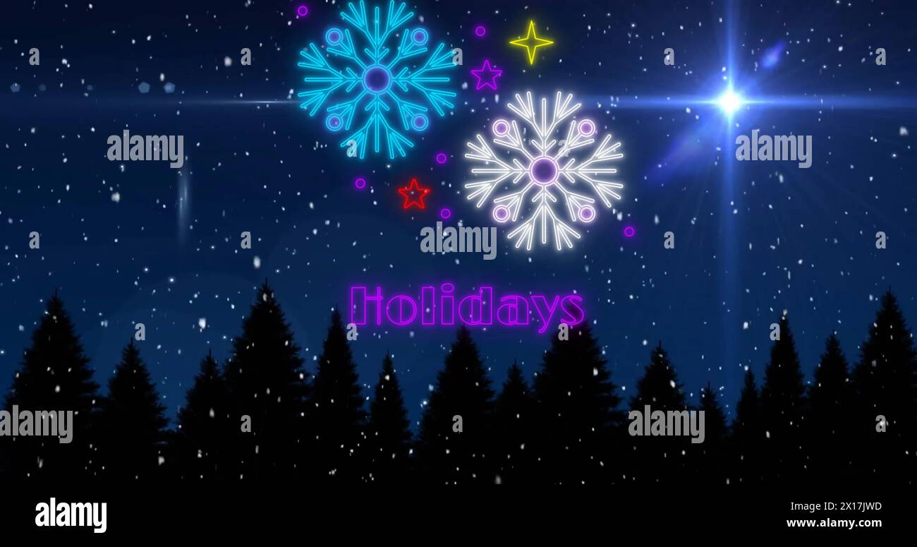 Image of holidays text and snow falling over trees on blue background ...