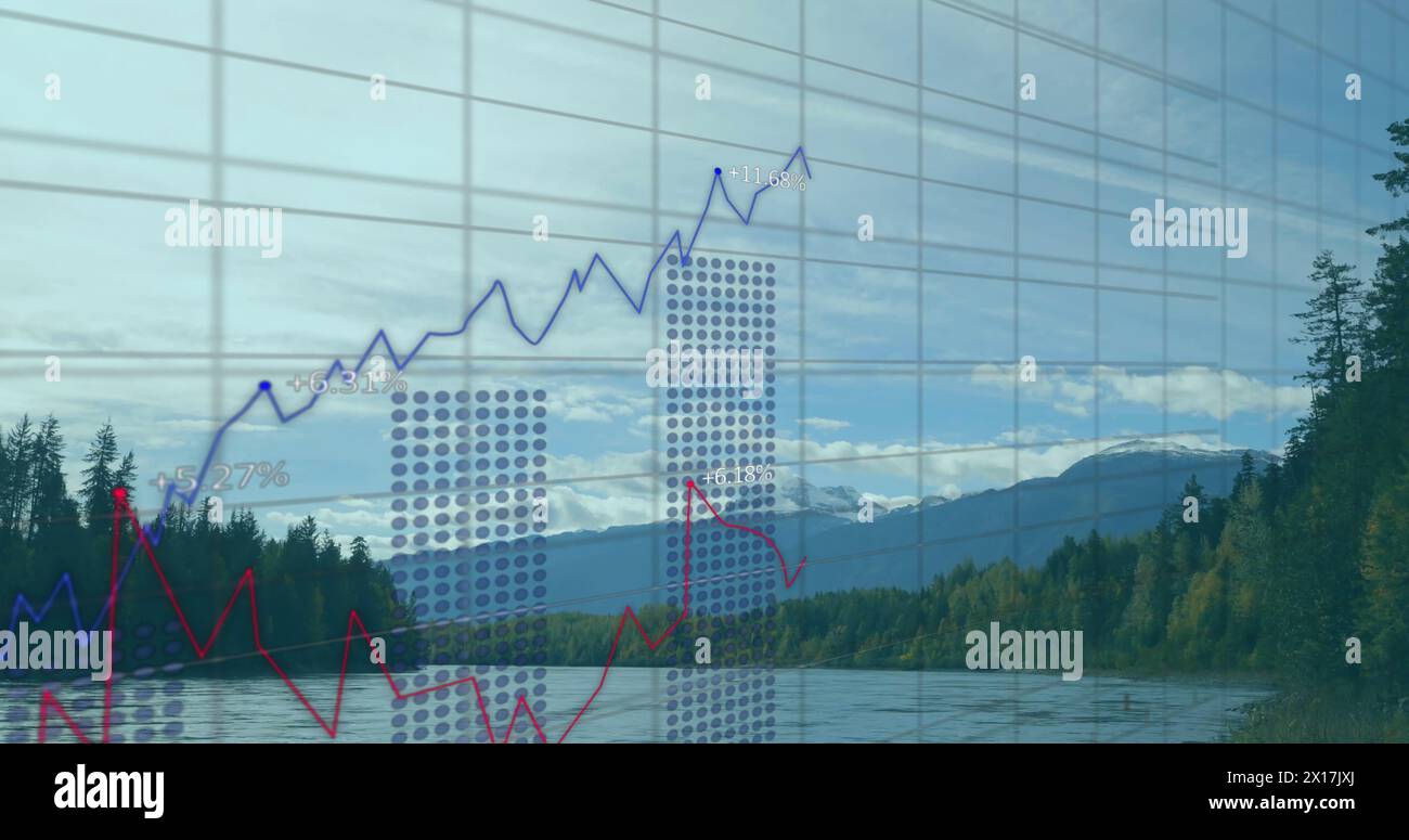 Image of data processing, stock market and diagrams over landscape ...