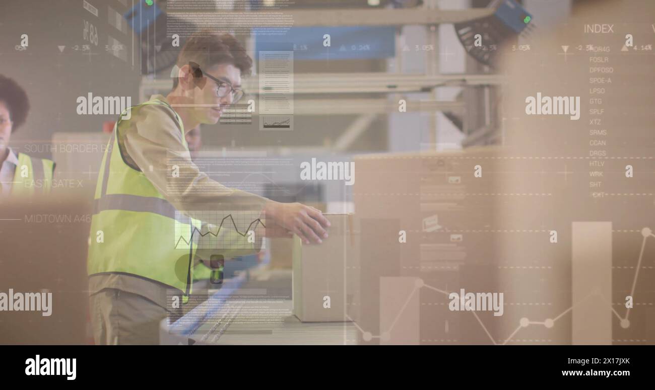 Image of statistic charts over diverse workers in warehouse Stock Photo ...