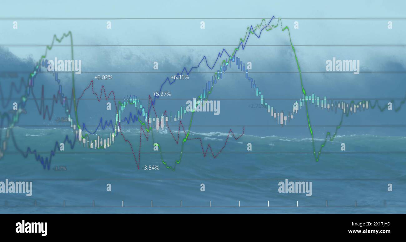 Image of data processing and diagrams over sea waves. Global business ...