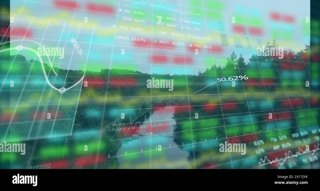 Image of stock market and diagrams over landscape Stock Photo - Alamy