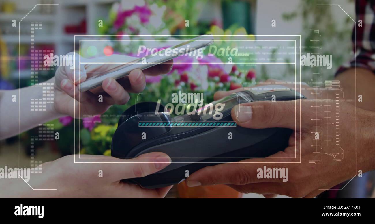 Image of data processing over caucasian woman paying with smartphone ...
