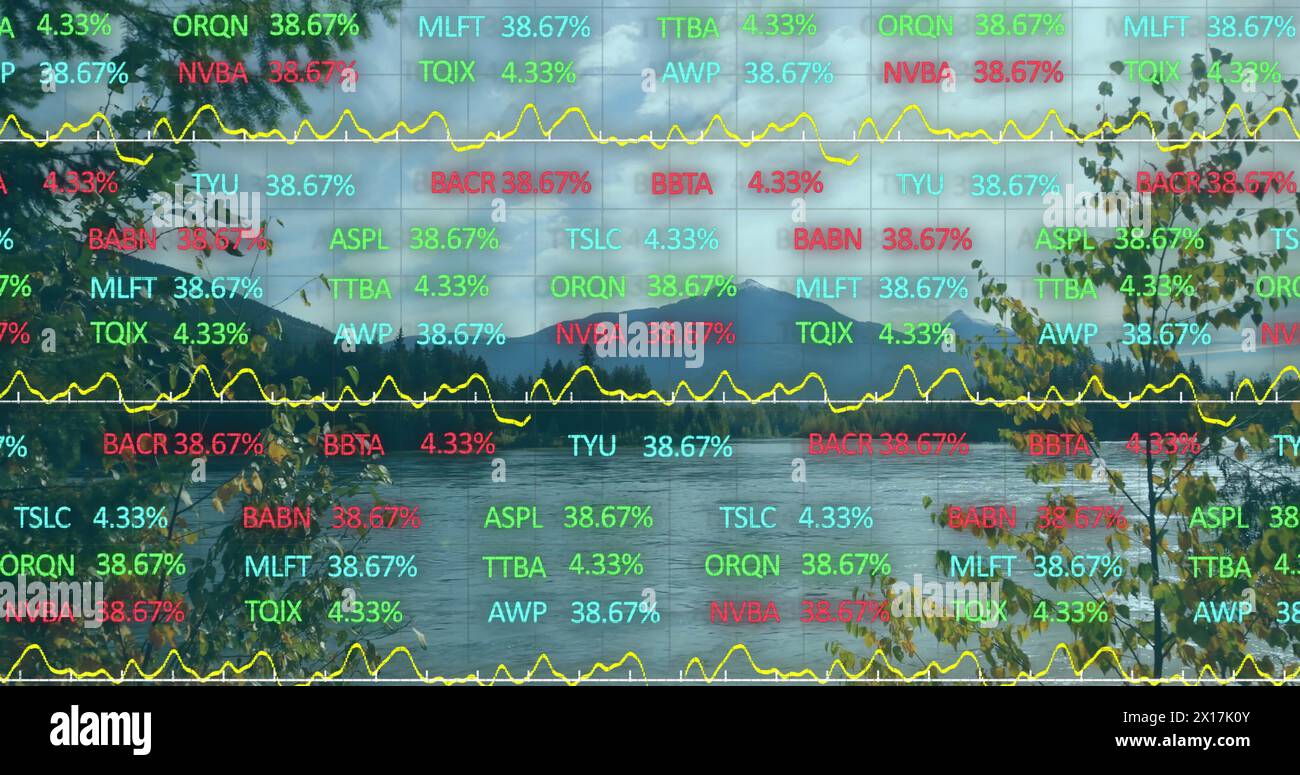 Image of stock market and diagrams over landscape Stock Photo - Alamy
