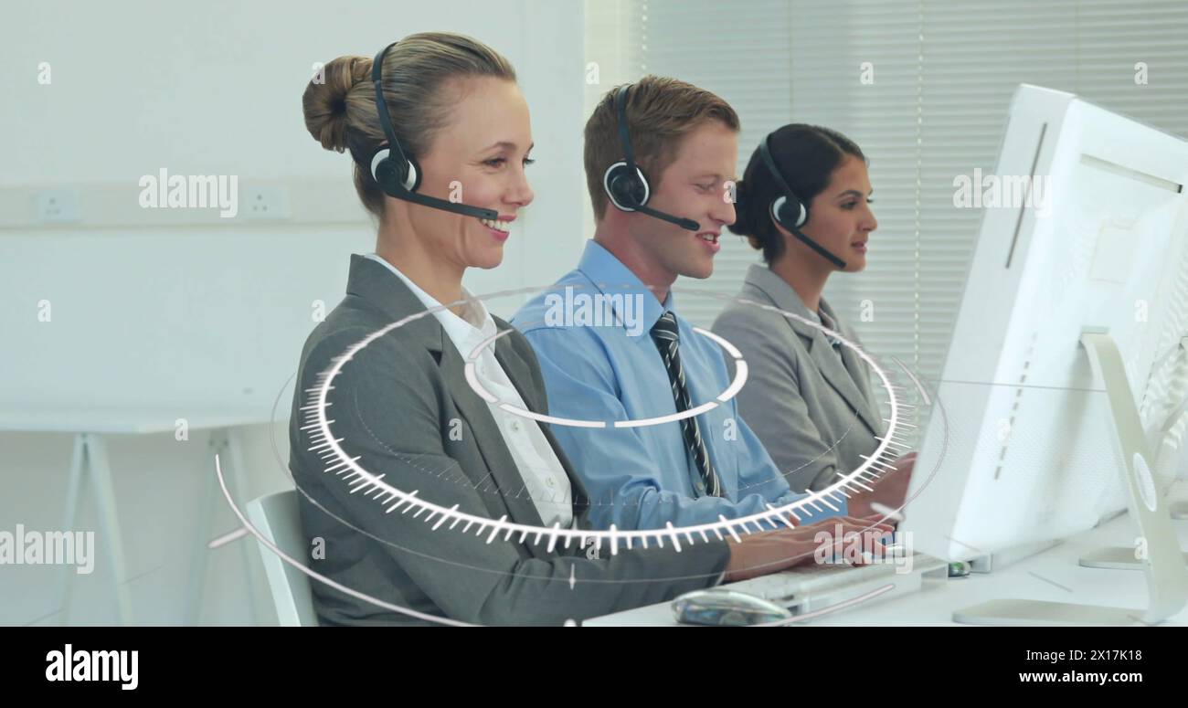 Image of scope scanning over diverse business people using phone ...