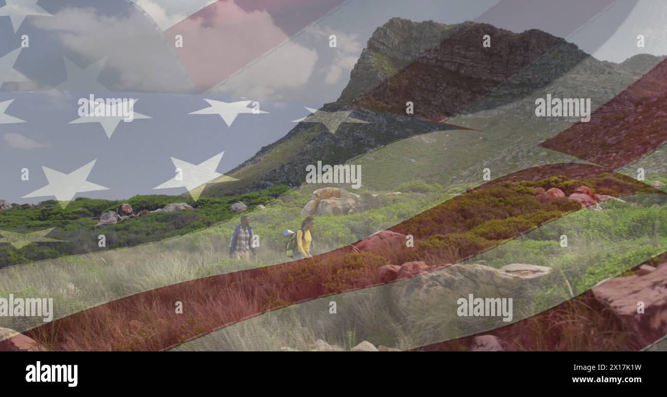 Image of american flag moving over couple hiking Stock Photo - Alamy