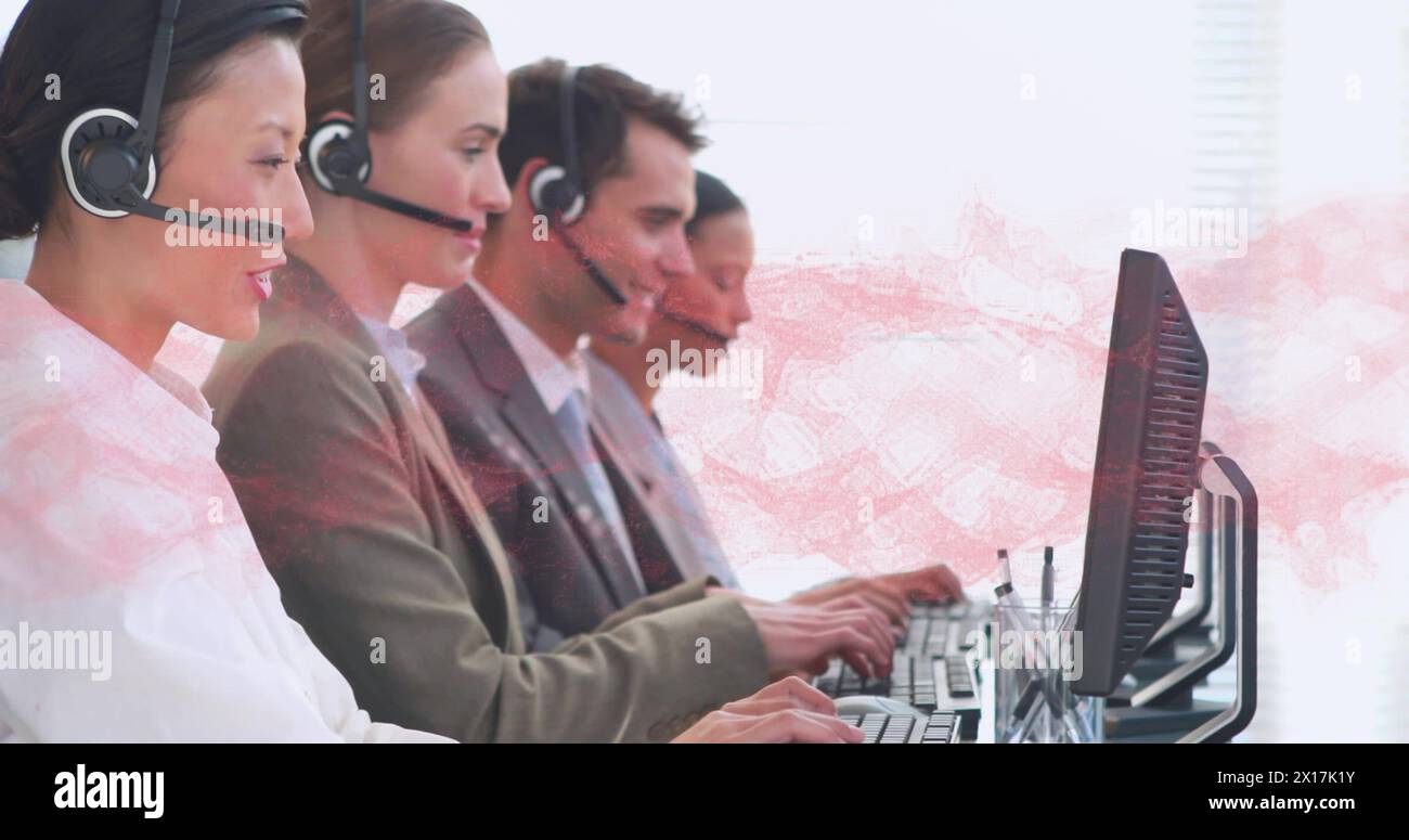 Image of network of connections over happy diverse office workers ...