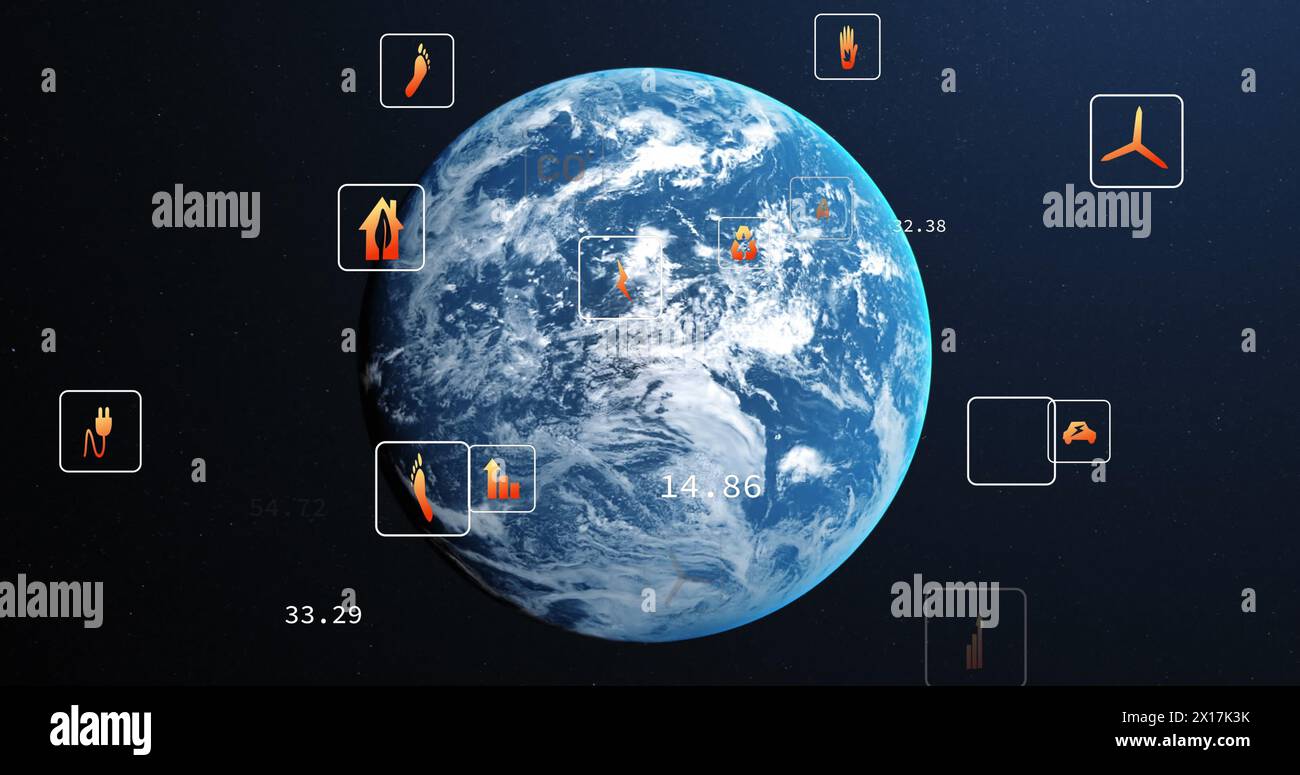 Image of network of eco and environmentally friendly icons over globe ...