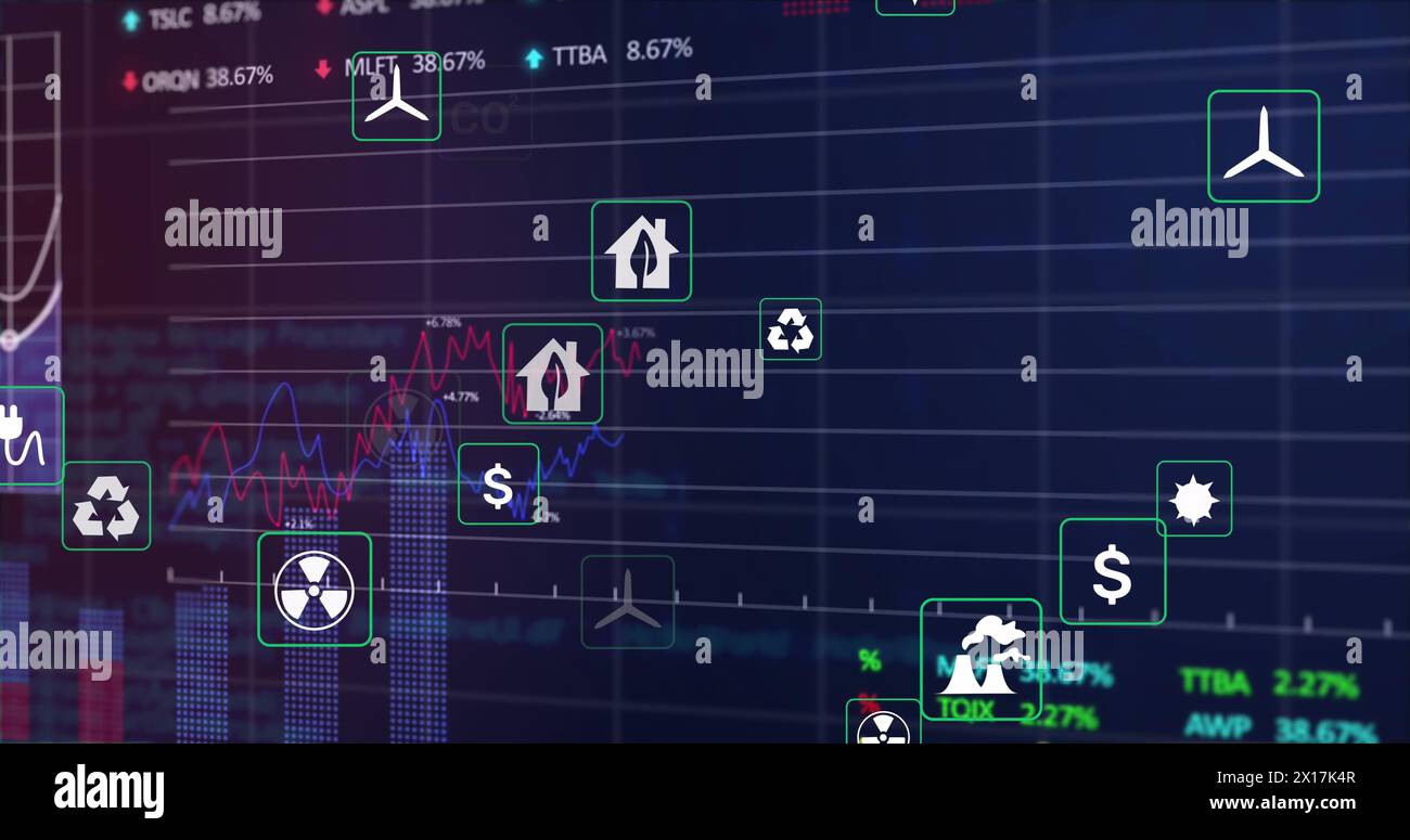 Image of network of eco and environmentally friendly icons over data ...