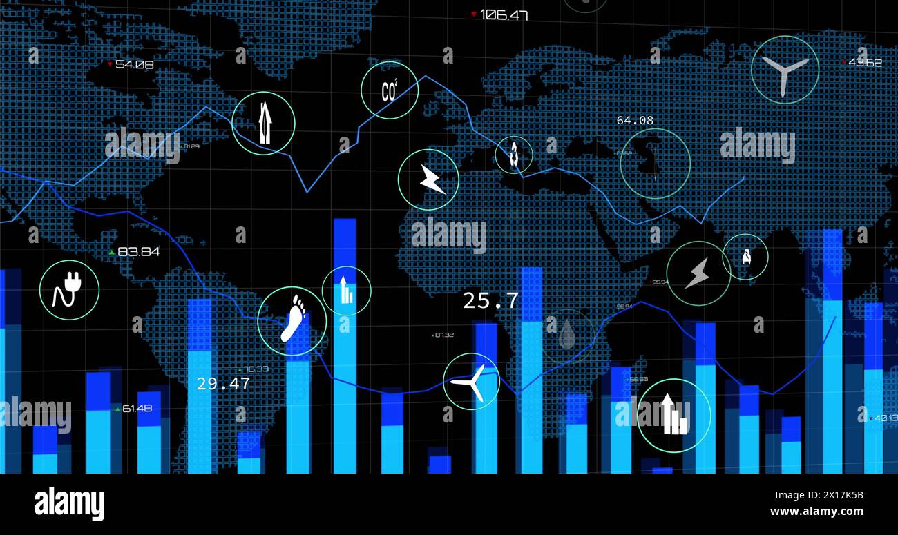 Image of network of eco and environmentally friendly icons over world ...