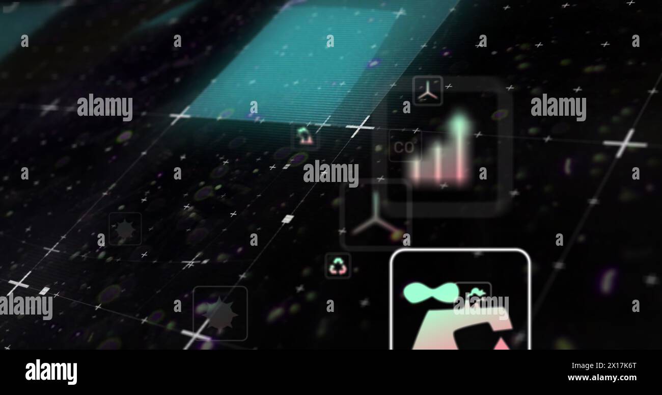 Image of network of eco and environmentally friendly icons over grid ...