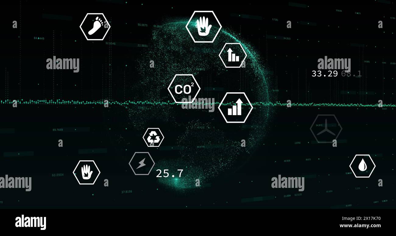 Image of network of eco and environmentally friendly icons over data ...