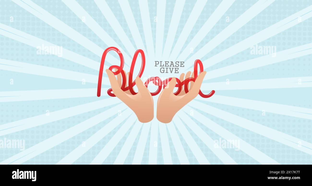 Image of please give blood and hands over stripes on blue background ...