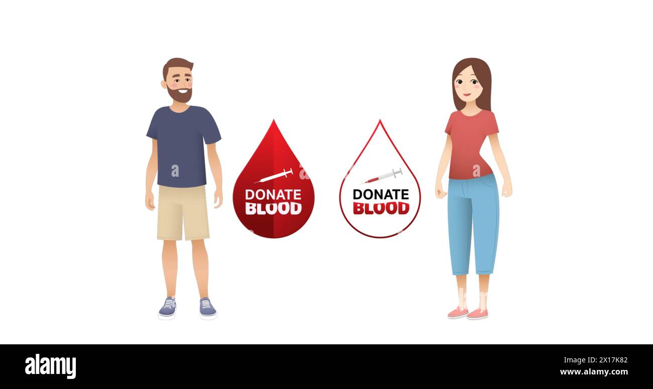 Image of donate blood text with blood drops and man and woman on white ...