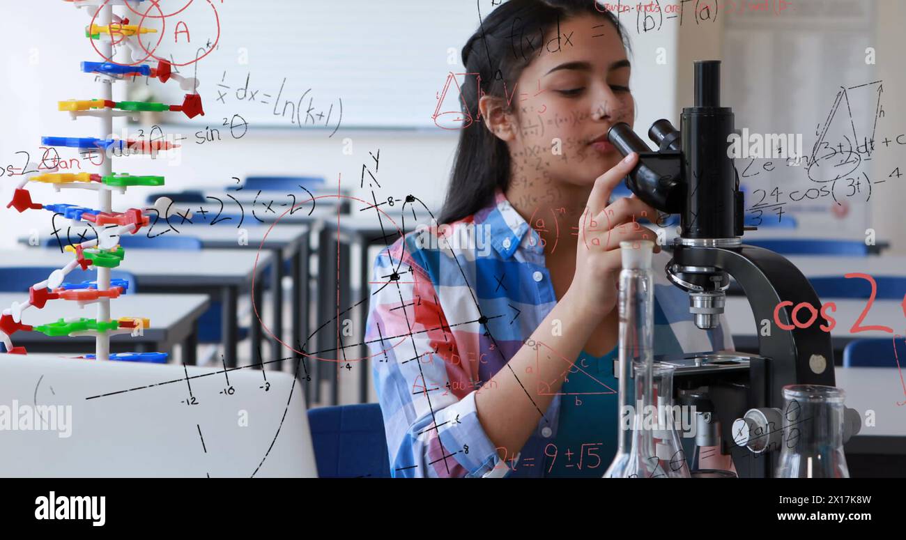 Image of mathematical formulae over student using microscope Stock ...