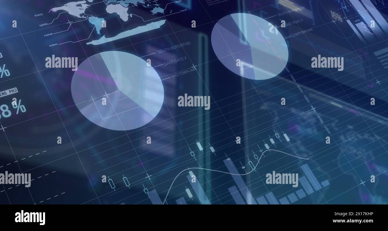 Statistical data processing over digital interface with data processing against blue background ...