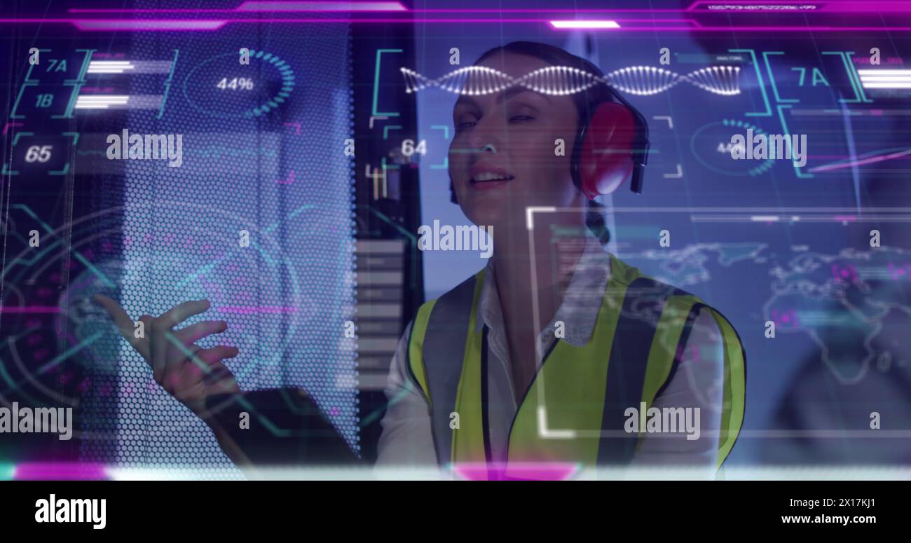 Digital Interface With Data Processing Against Female Caucasian Engineer Working At Server Room