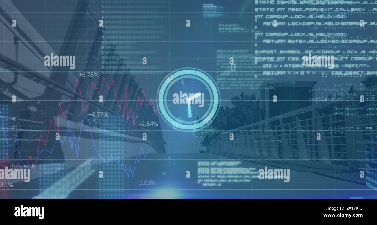 Clock neon digital clock ticking and data processing against city ...