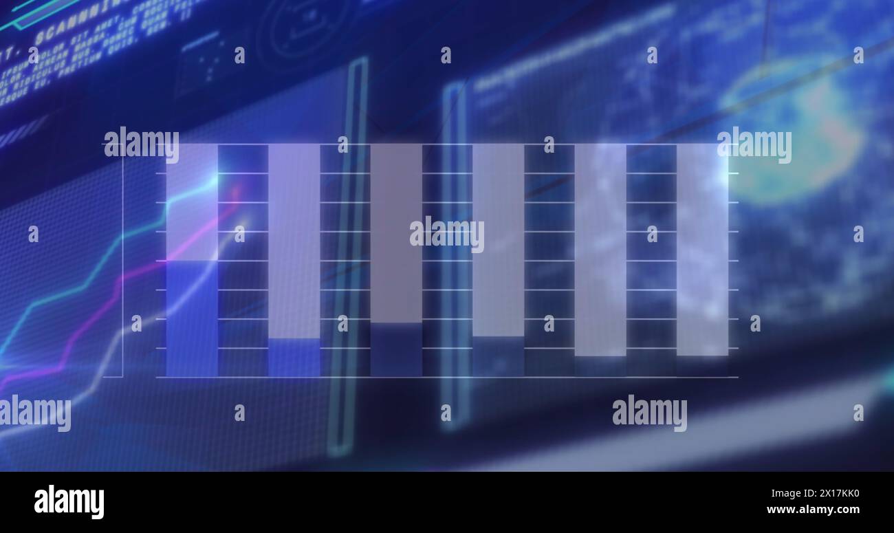 Statistical data processing over digital interface with data processing against blue background ...