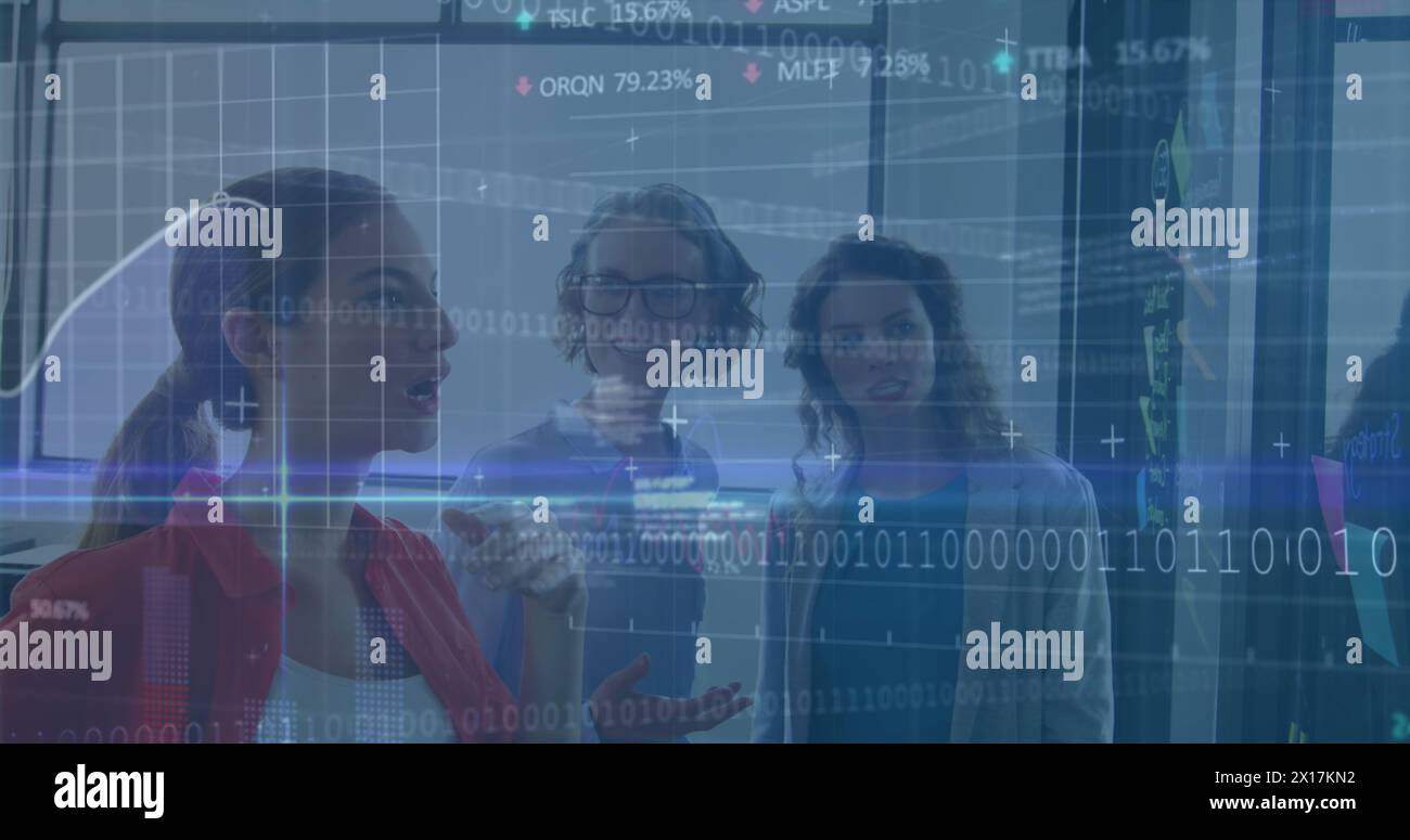 Image of data processing over diverse female colleagues discussing over ...