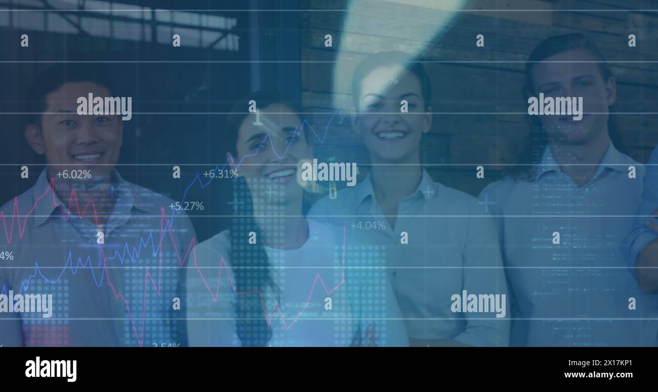 Image of data processing over diverse group of colleagues smiling together at office Stock Photo ...