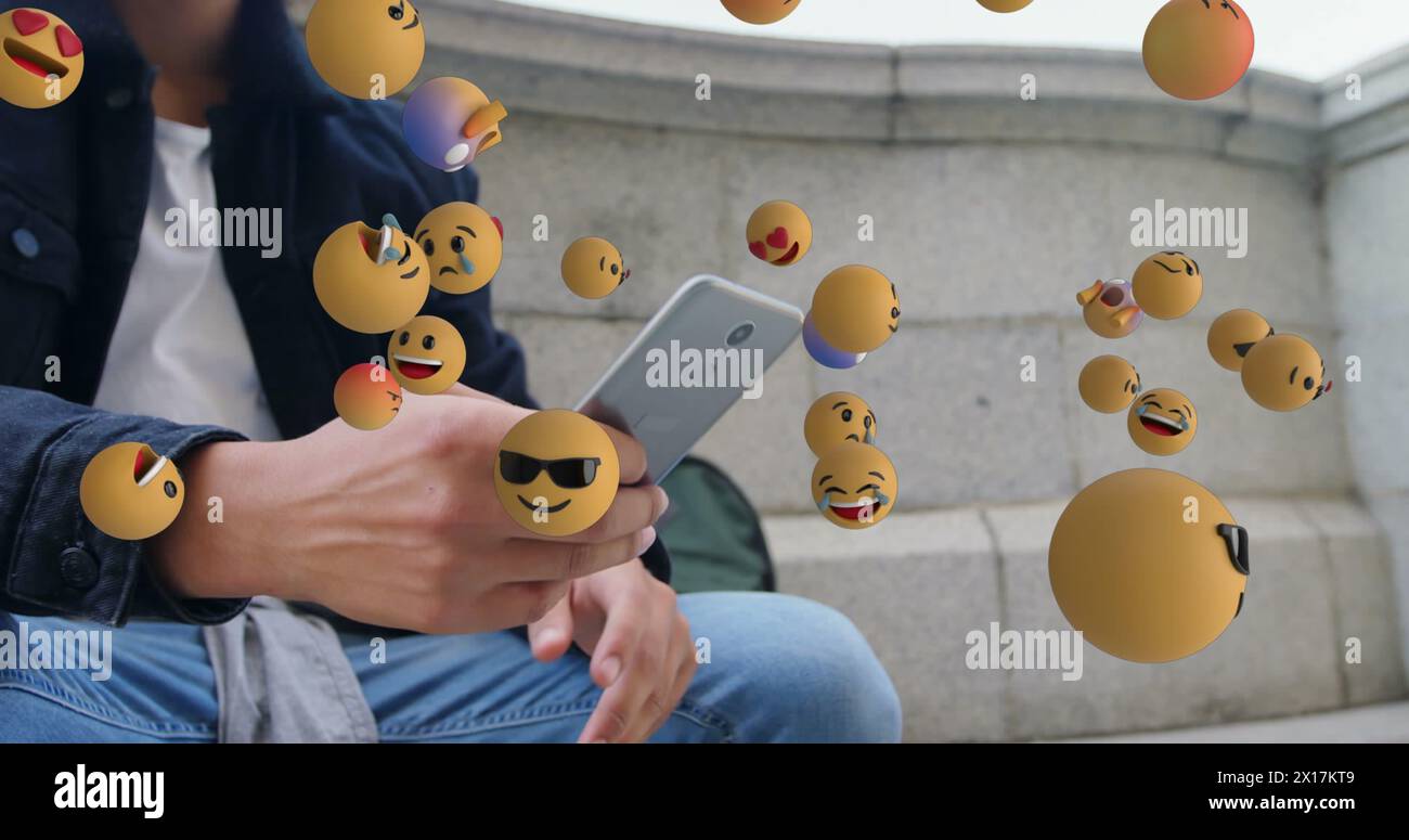 Image of multiple floating emojis over biracial man with curly hair ...