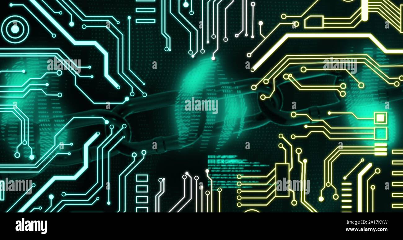 Image of chain, computer data processing over circuit board Stock Photo ...