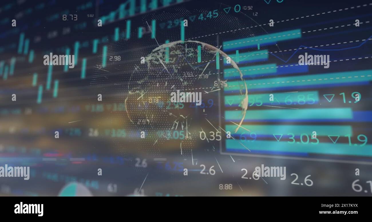 Image of data processing, diagrams and stock market over globe Stock ...