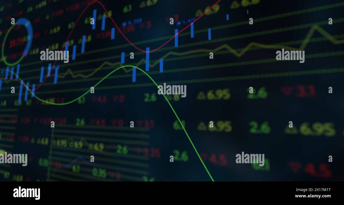 Image of data processing, diagrams and stock market over black background Stock Photo - Alamy