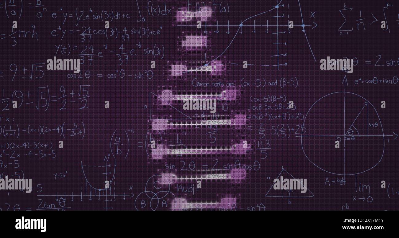 Image of mathematical equations over dna strand on black background ...