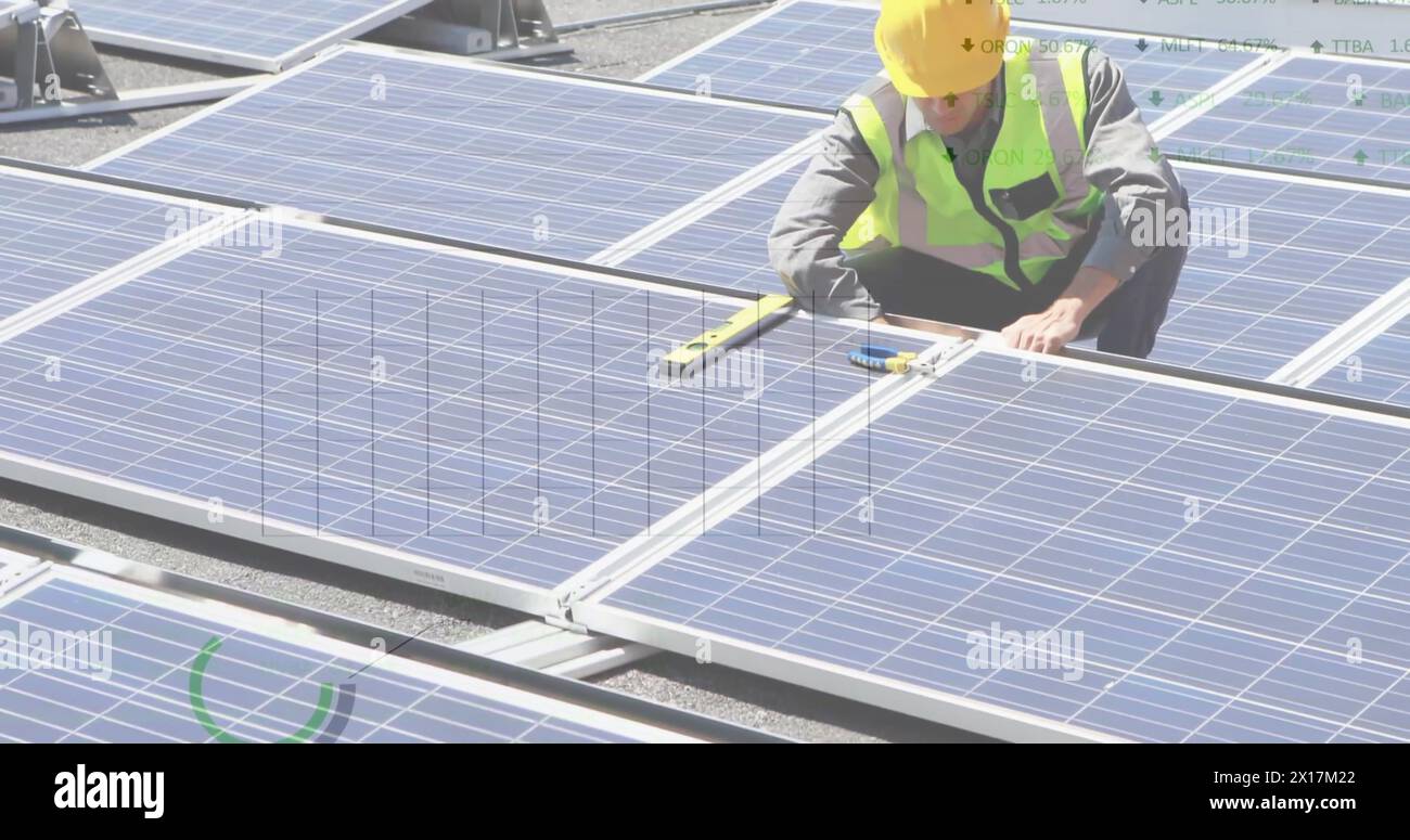 Image of financial data processing over caucasian engineer and solar ...