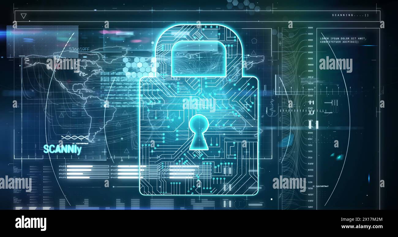 Image of security padlock icon and interface with data processing against blue background Stock ...
