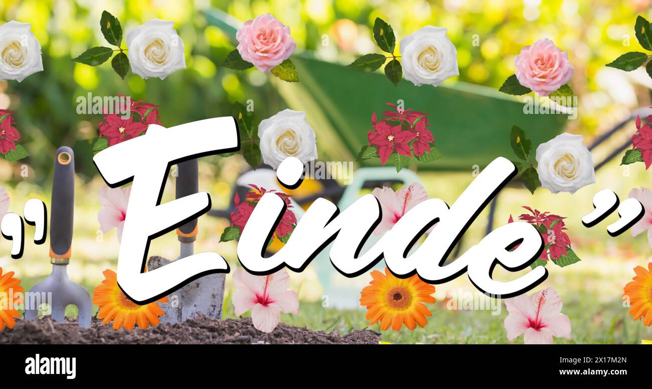Einde text over multiple colorful flowers icons floating against garden ...