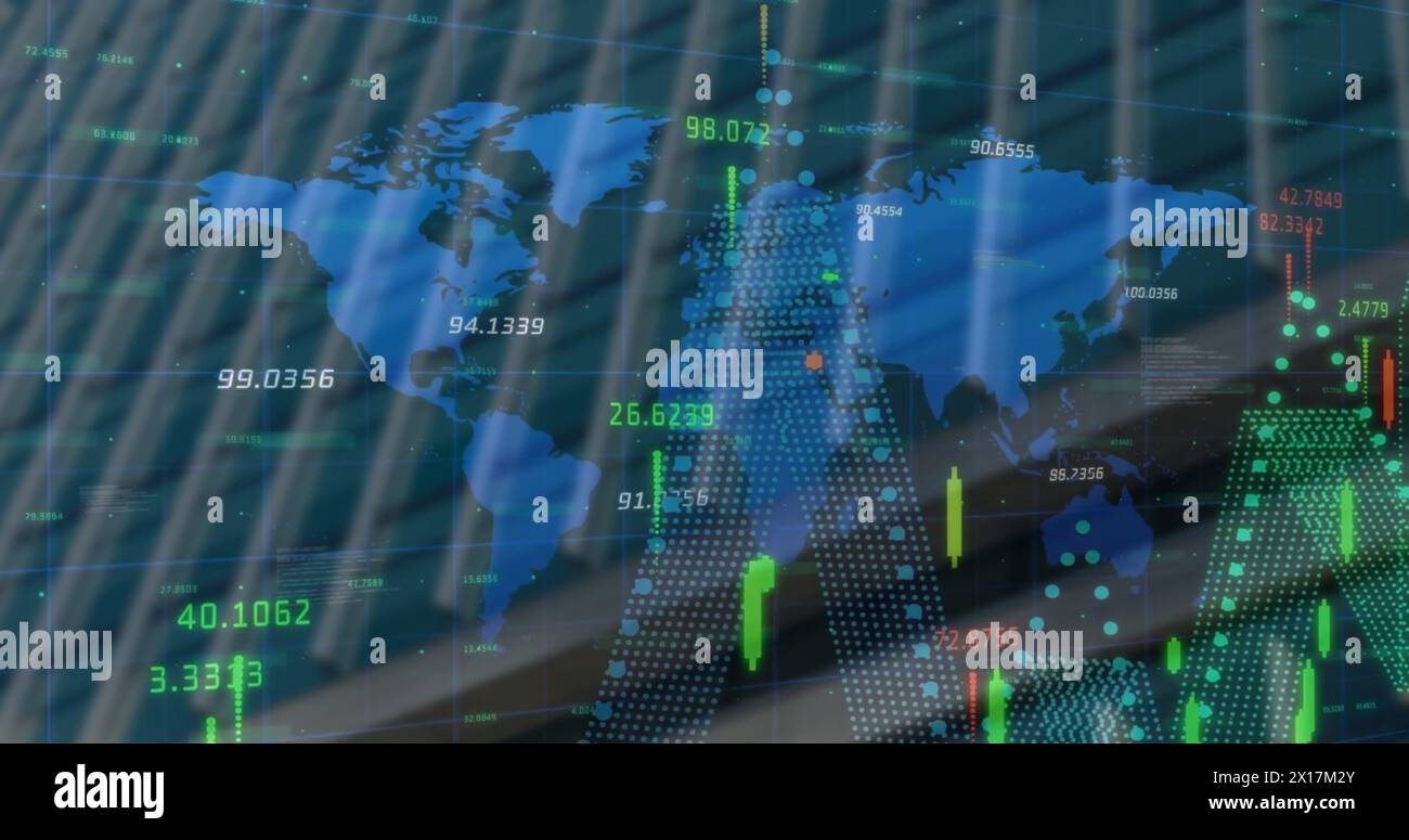 Image of data processing, diagrams and stock market over world map and ...