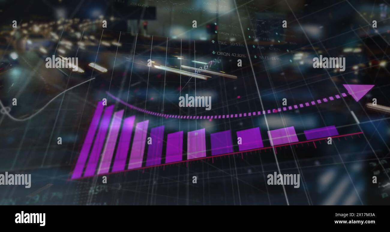 Image of data processing, diagrams and stock market over city at night ...