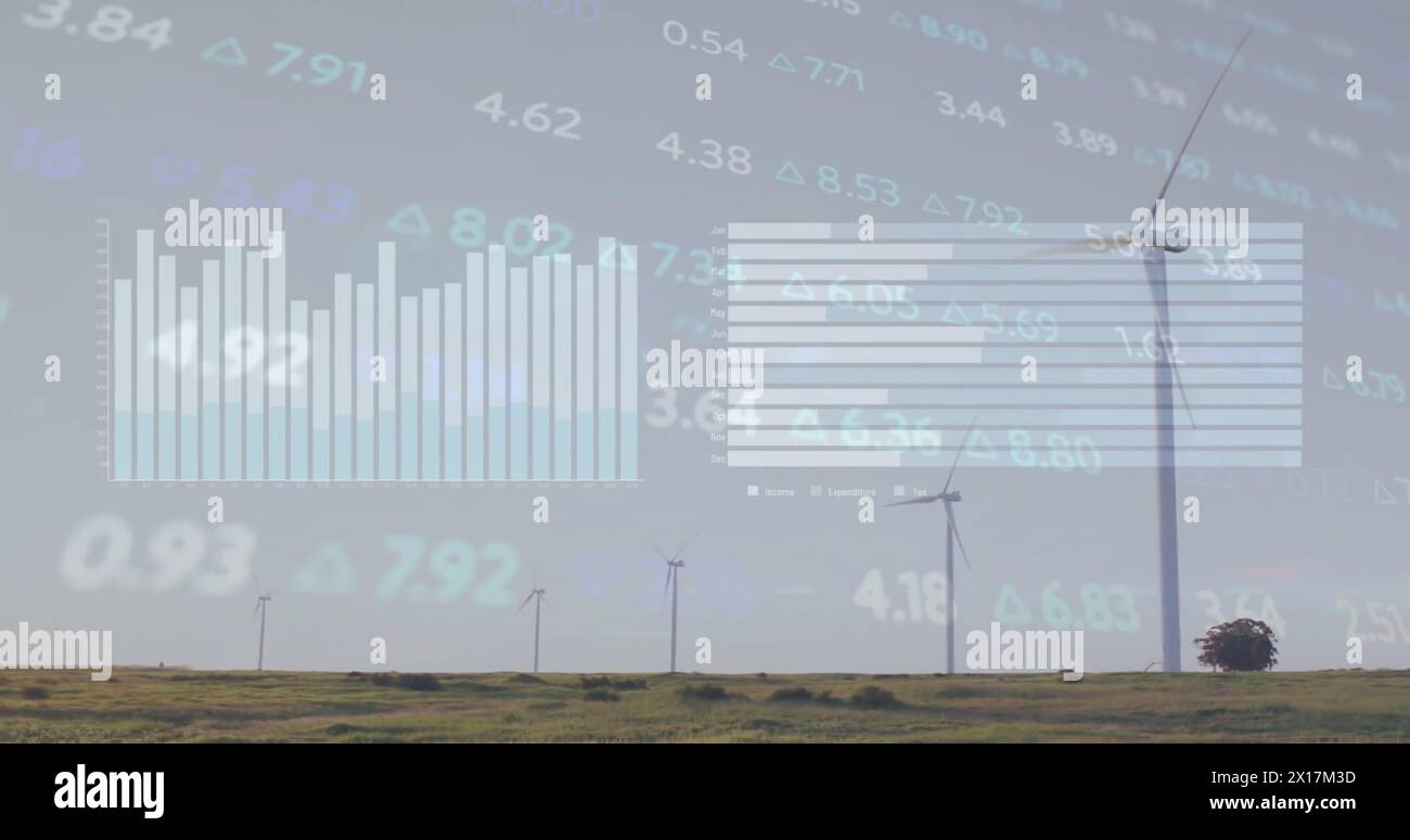 Image of financial data processing over wind turbines Stock Photo - Alamy