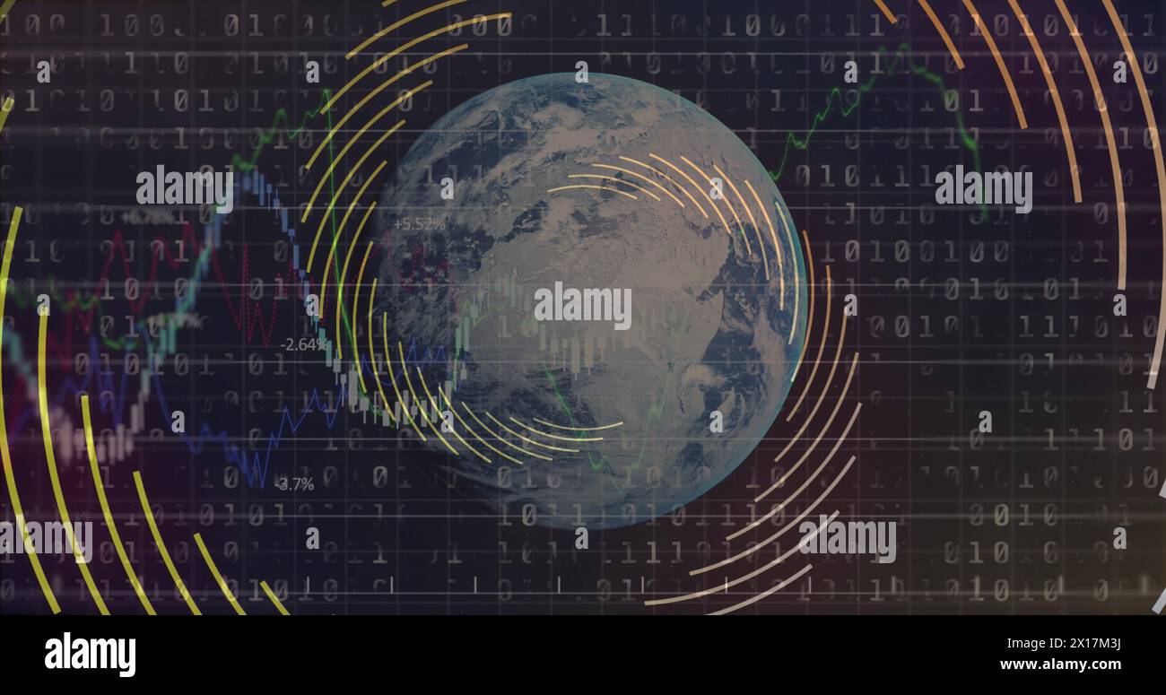 Image of light trails over globe with binary coding Stock Photo - Alamy