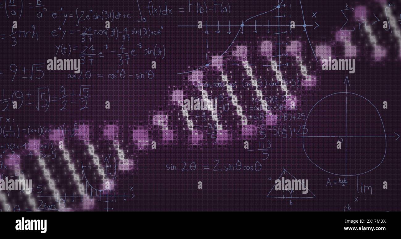 Image of mathematical equations over dna strand on black background ...